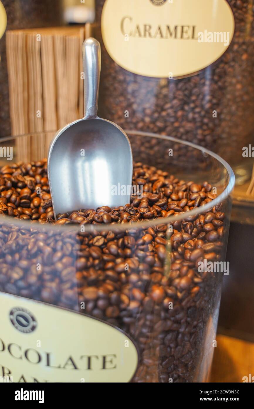 Delicious coffee beans on display at shelf Stock Photo - Alamy