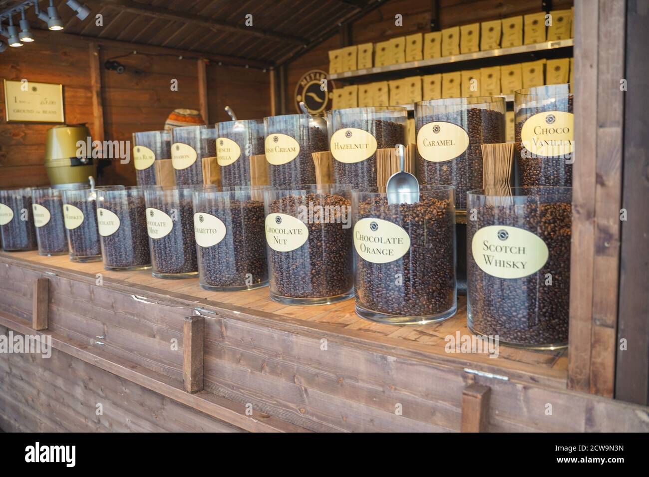 Delicious coffee beans on display at shelf Stock Photo - Alamy