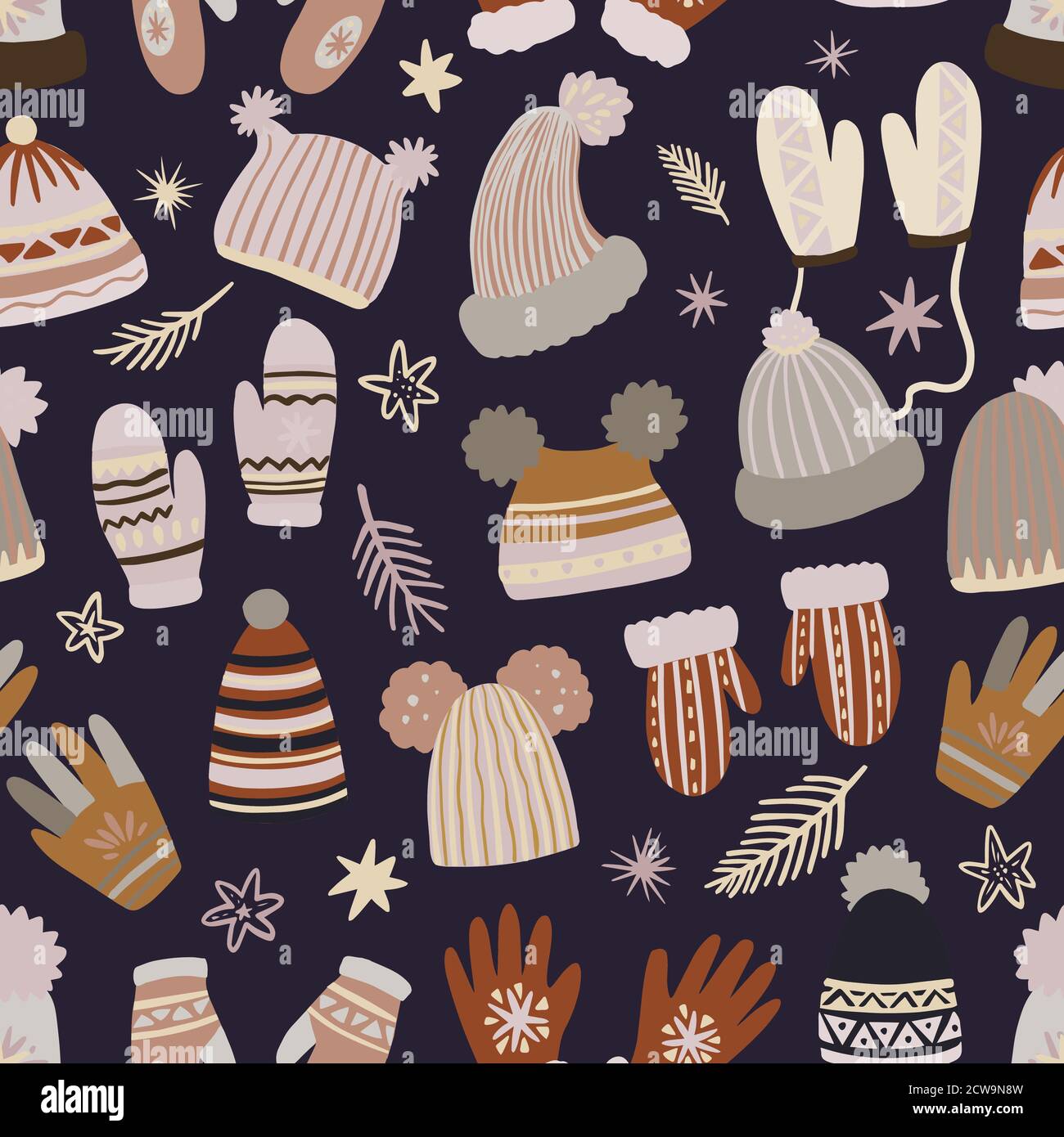 Cute vector seamless pattern of winter clothing, hats, mittens and ...