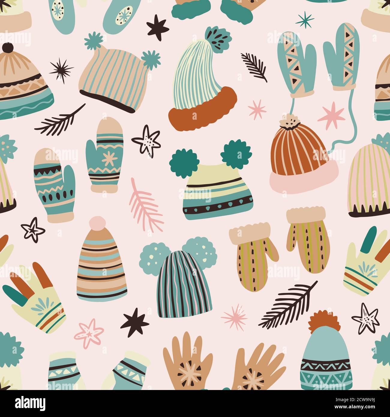 Cute vector seamless pattern of winter clothing, hats, mittens and ...
