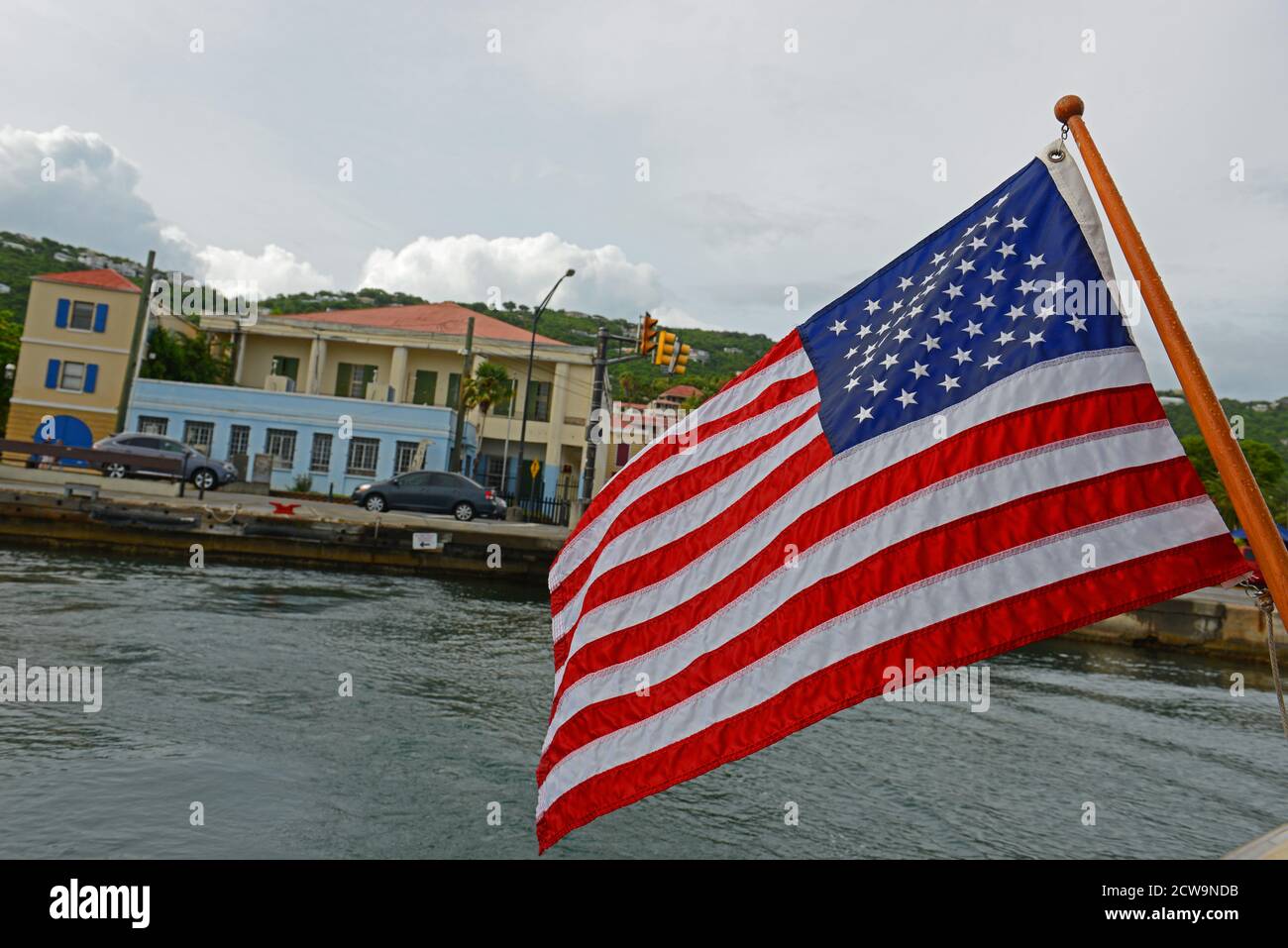 USA National Flag on a ferry boat in Charlotte Amalie on St. Thomas ...