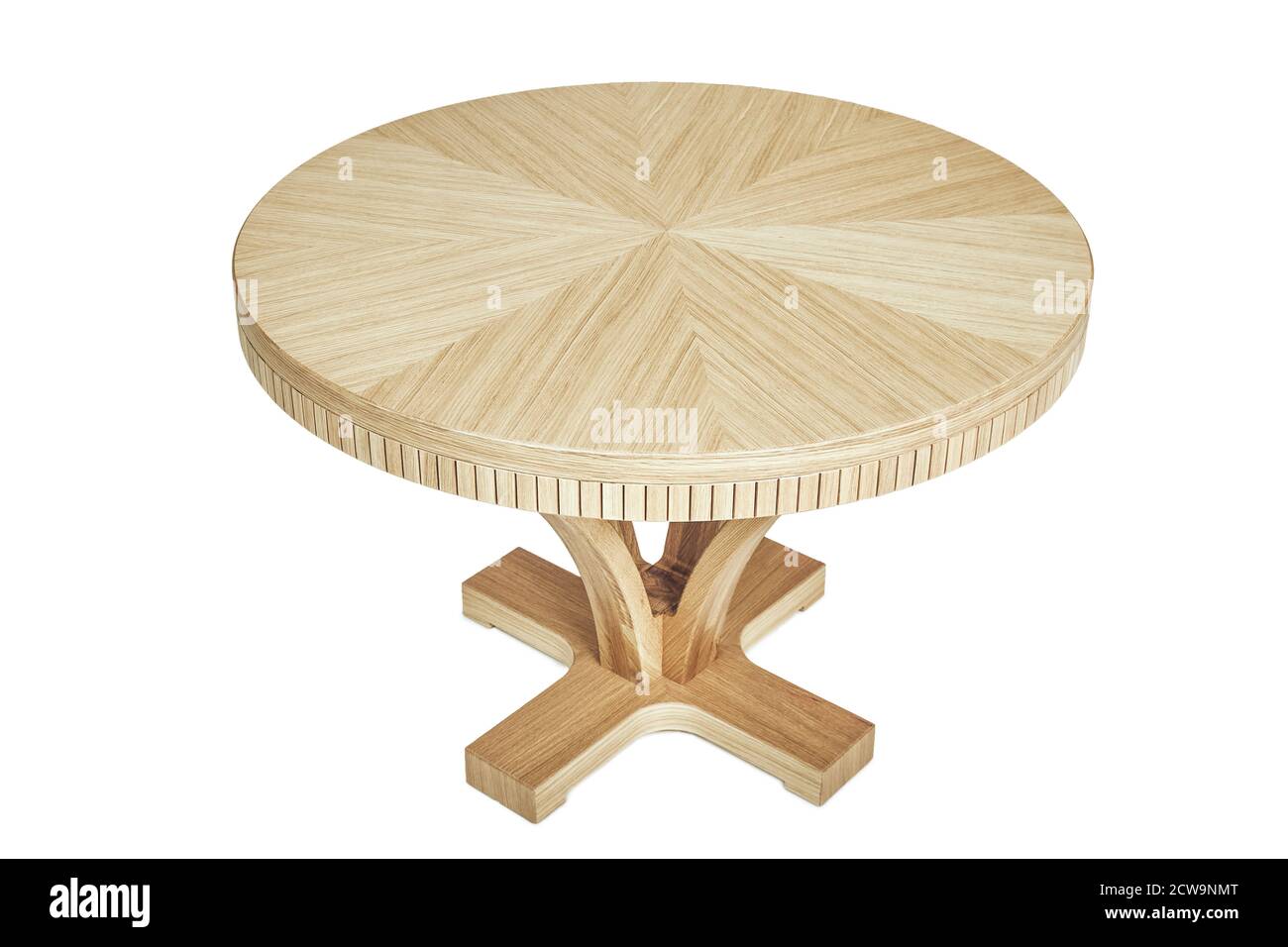 Round shaped wooden table isolated against white background. High angle ...