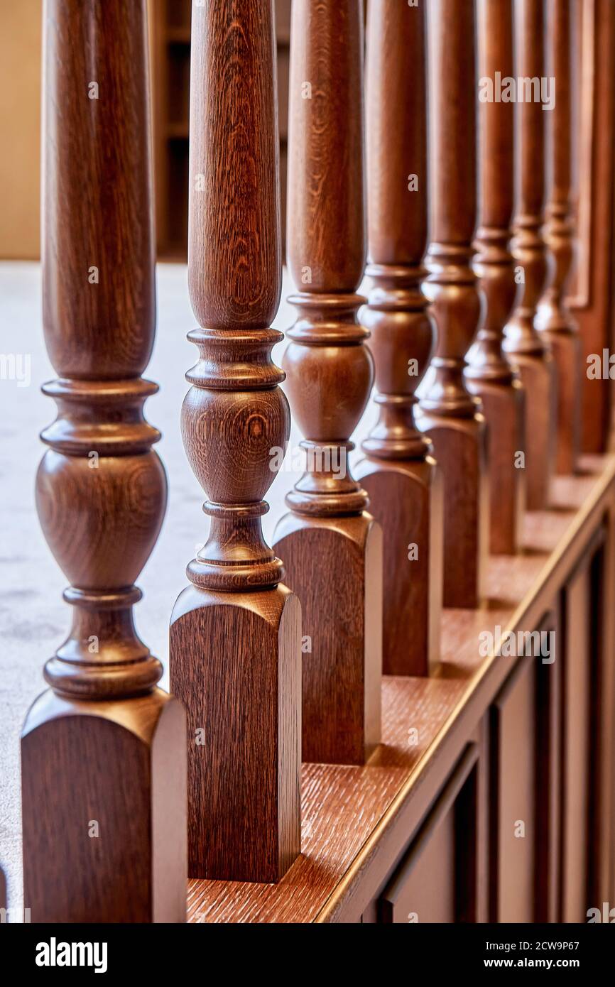 Perspective view of detail of ornate wooden balustrade in contemporary ...