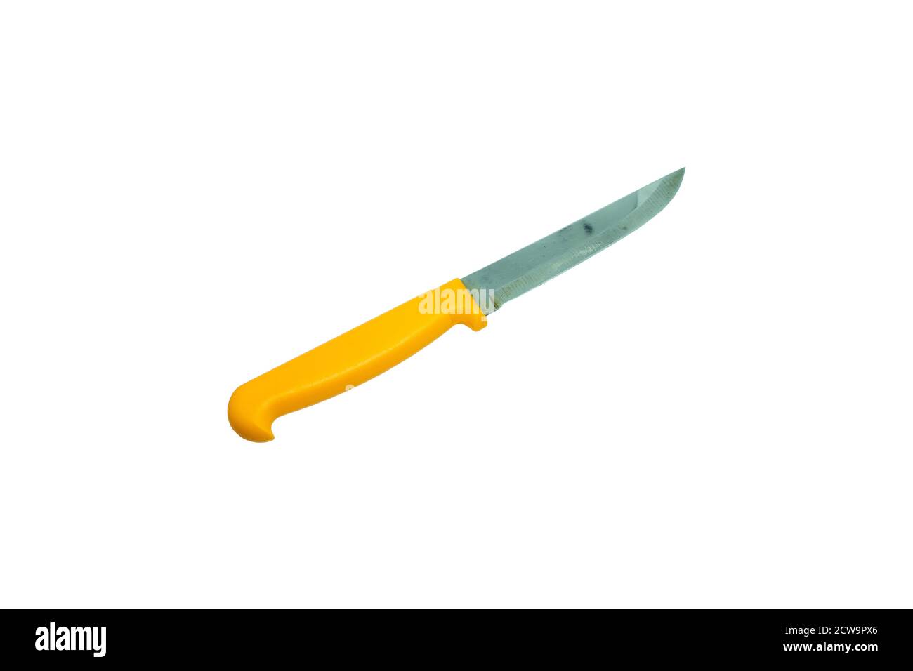 Kitchen knives that have been used, Yellow handle knives isolated on ...