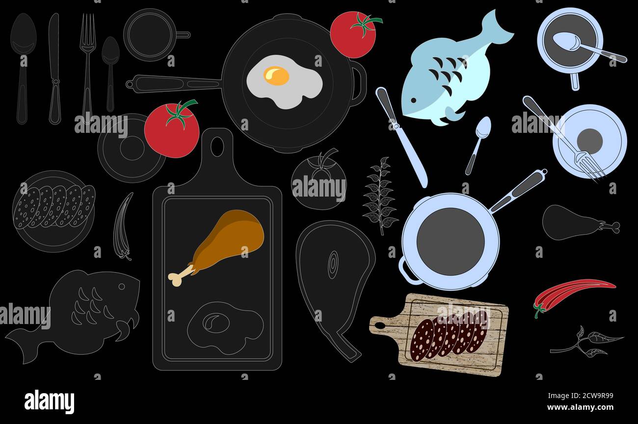 set of kitchen items and tomato fish chicken sausage scrambled eggs ...