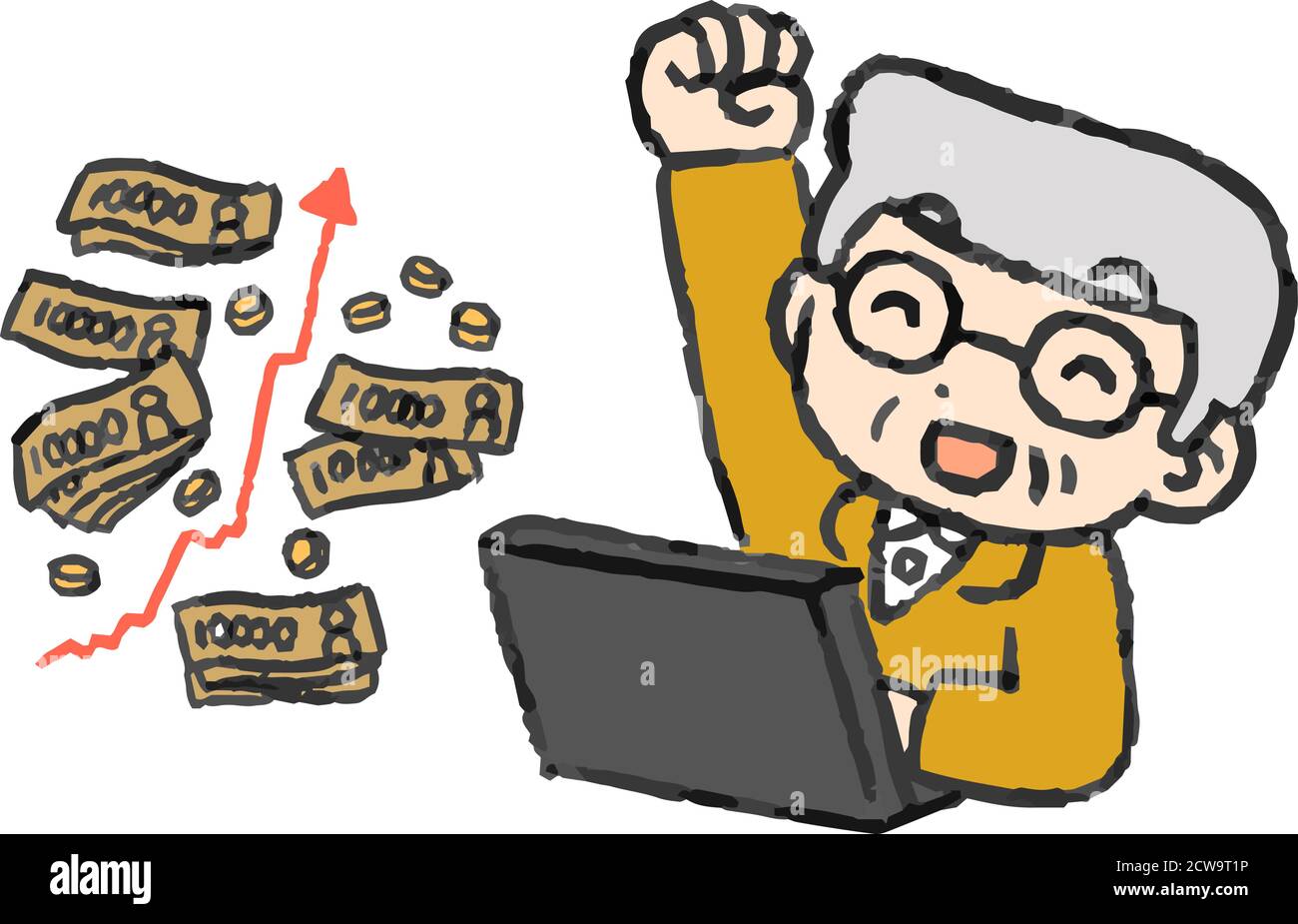 This is a illustration of Monochrome Old man who made a lot of money by ...