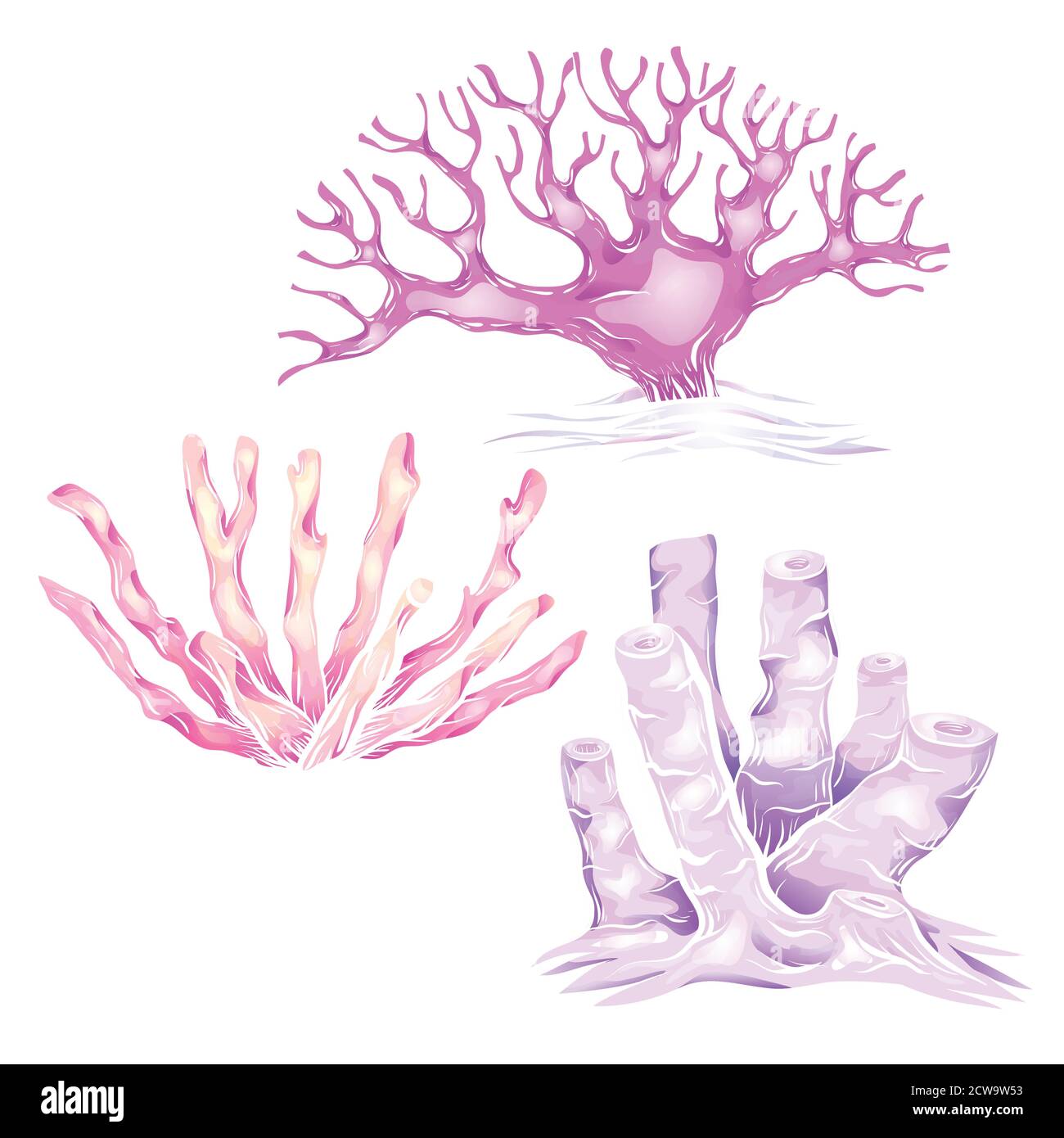 Set of various neon cartoon corals. The object is separate from the ...