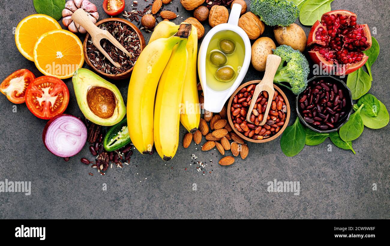 Ingredients for the healthy foods selection on dark background ...