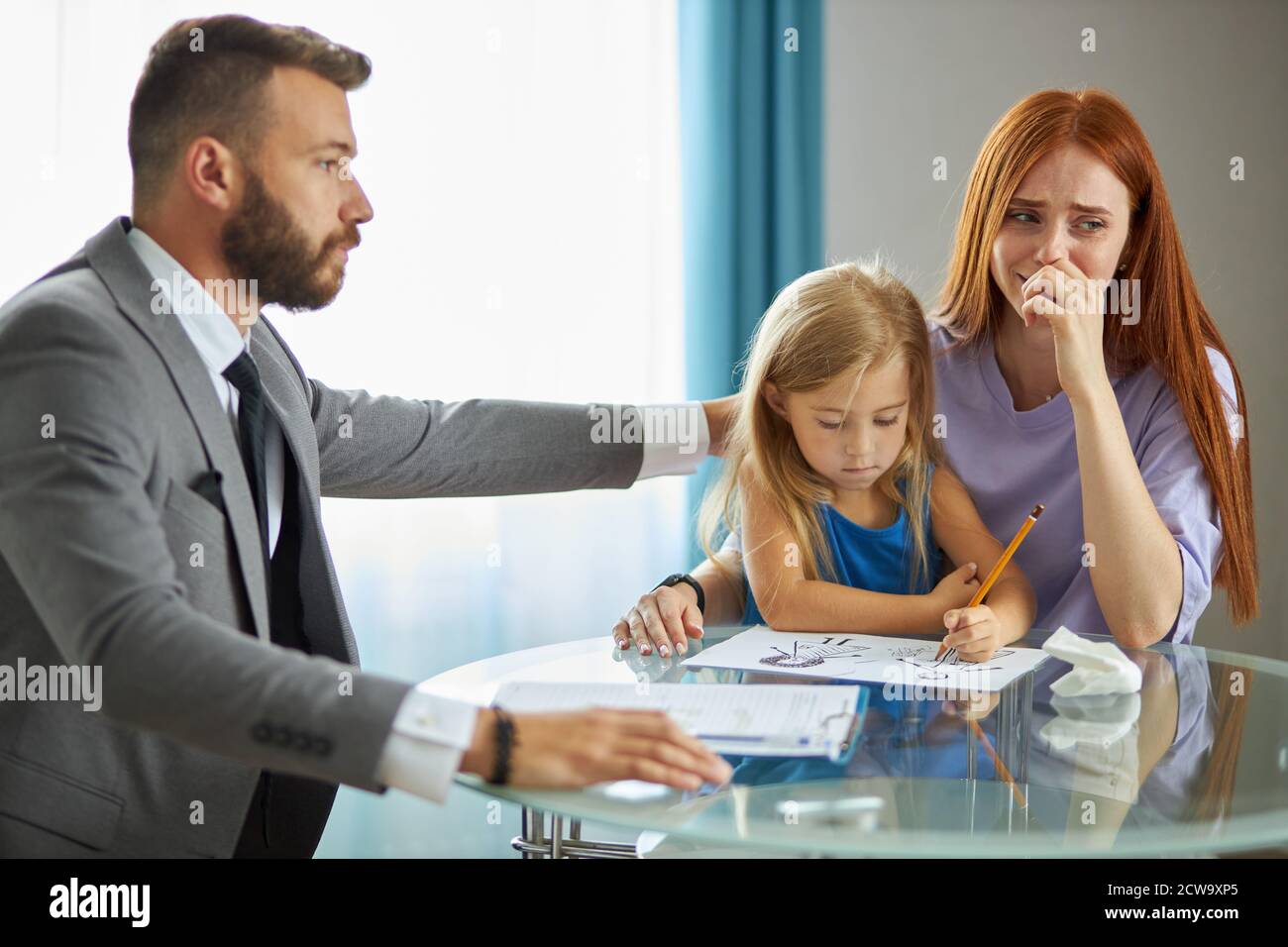 depressed woman describing the problem to psychologist, responsive man ...