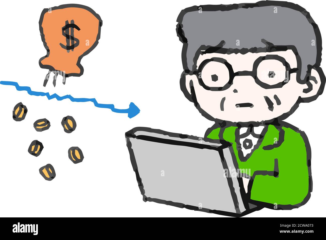 This is a illustration of Caucasian Old man losing money on investment ...