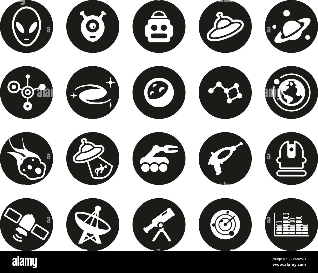 Alien Or Extraterrestrial Icons White On Black Flat Design Circle Set ...