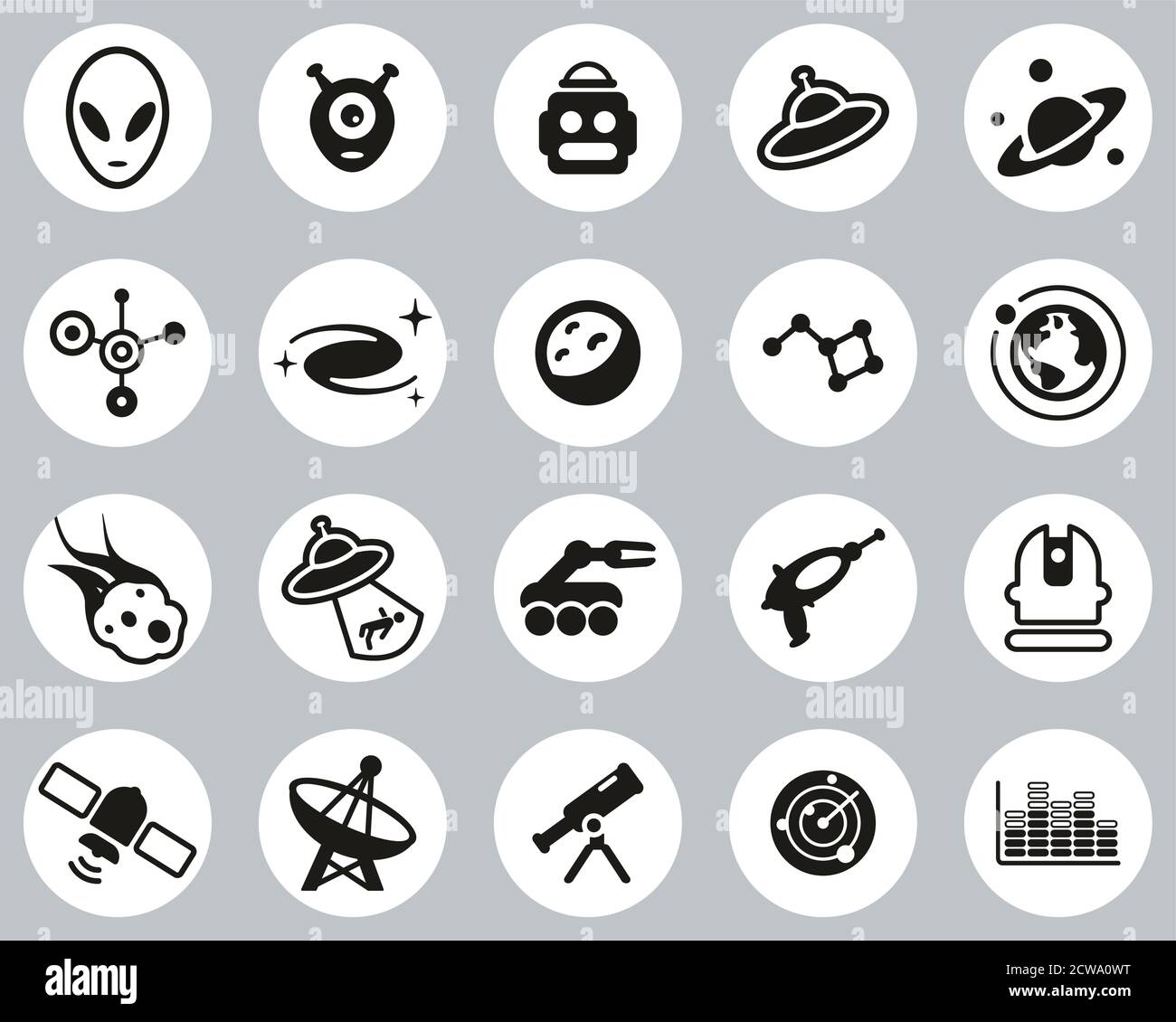 Alien Or Extraterrestrial Icons Black & White Flat Design Circle Set ...