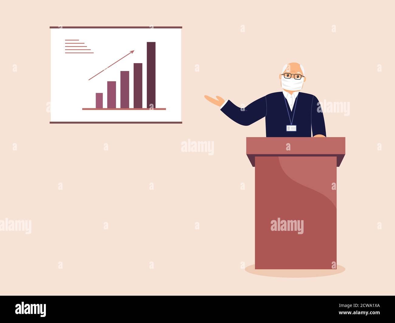 Speaker in protective face mask behind lectern make report and points ...