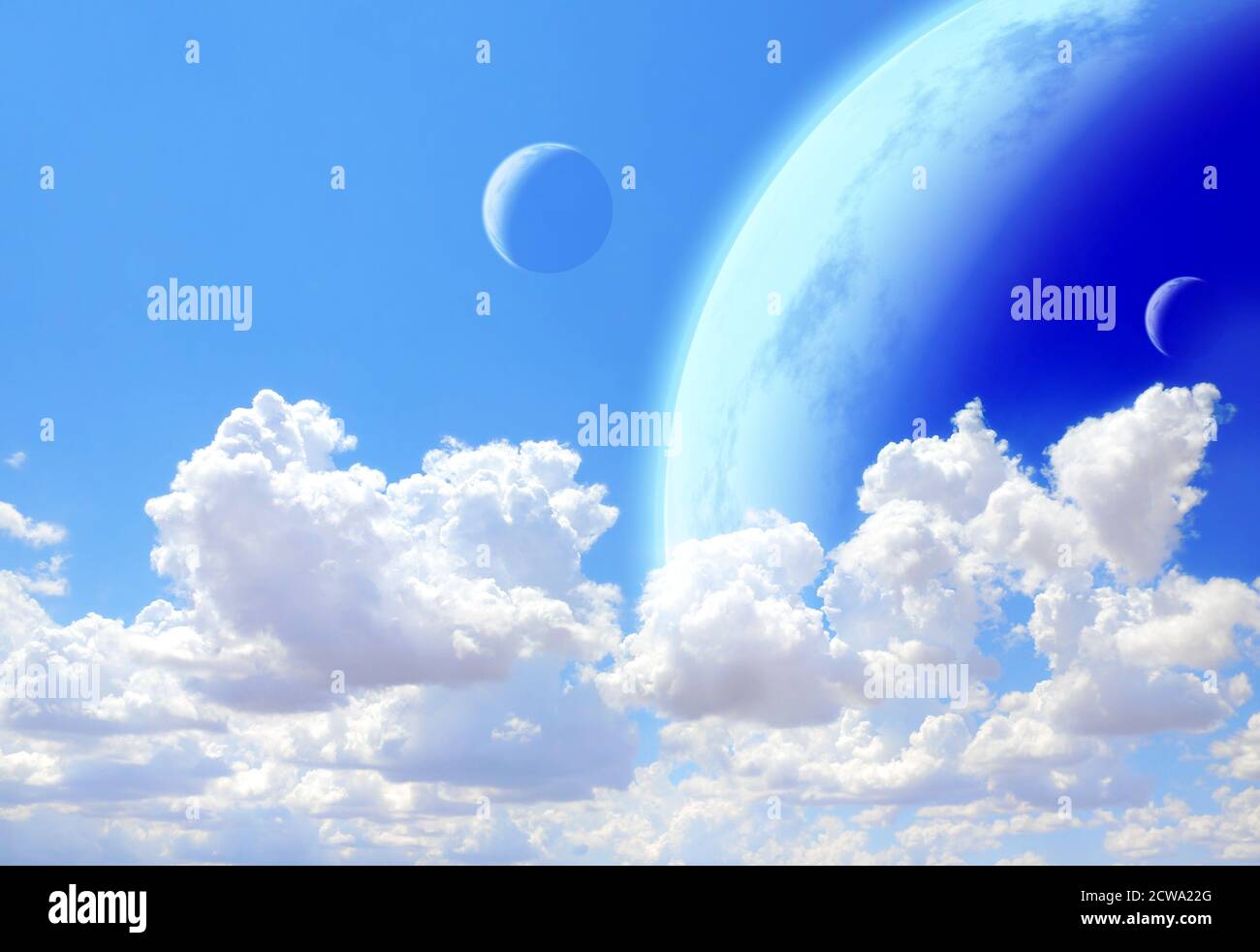 Horizontal banner with fantastic blue sky, white clouds and three ...