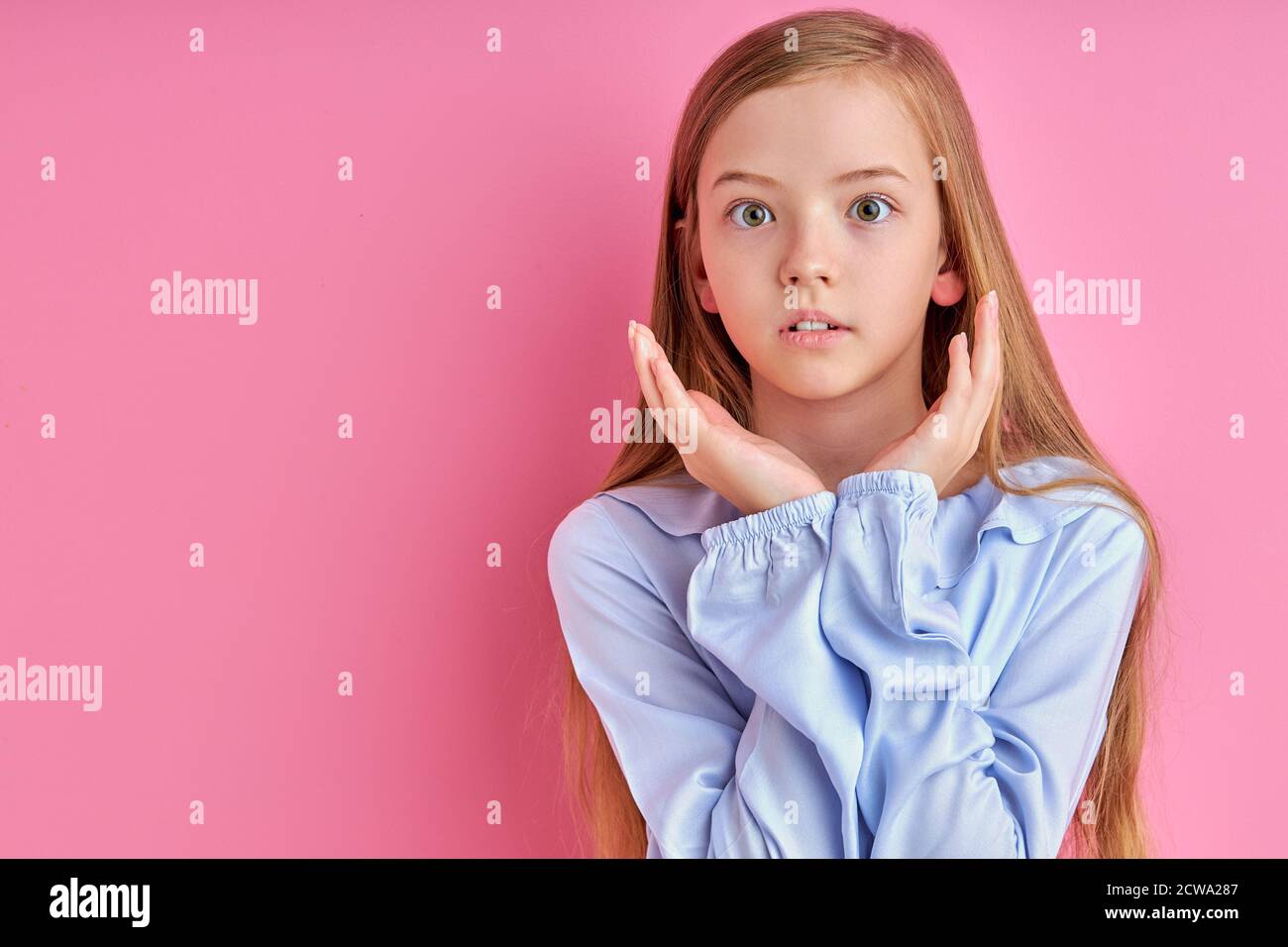 scared surprised girl look at camera, emotionally reacts on something ...