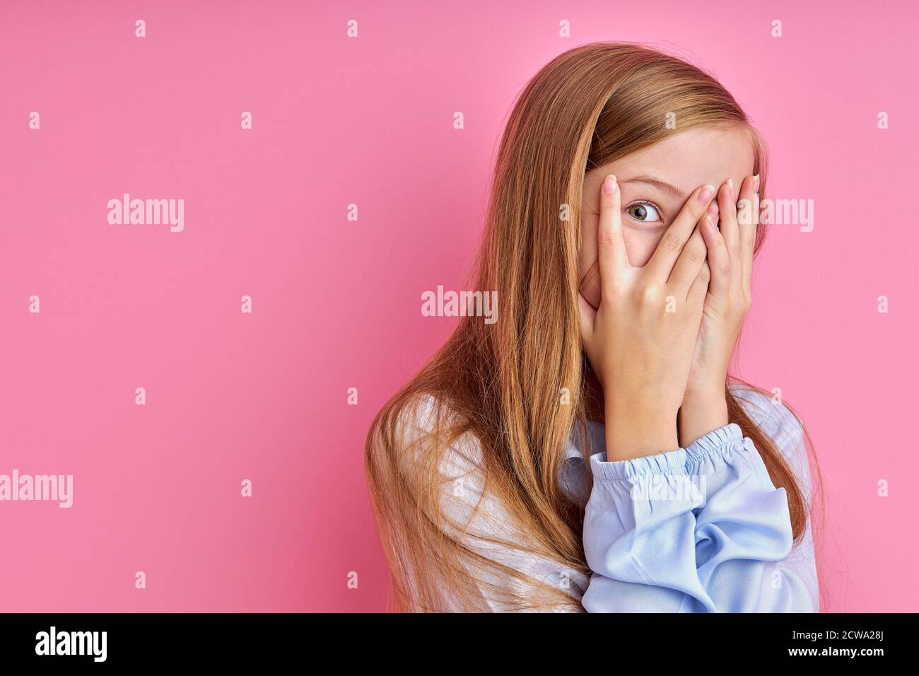 scared surprised girl look at camera, emotionally reacts on something ...