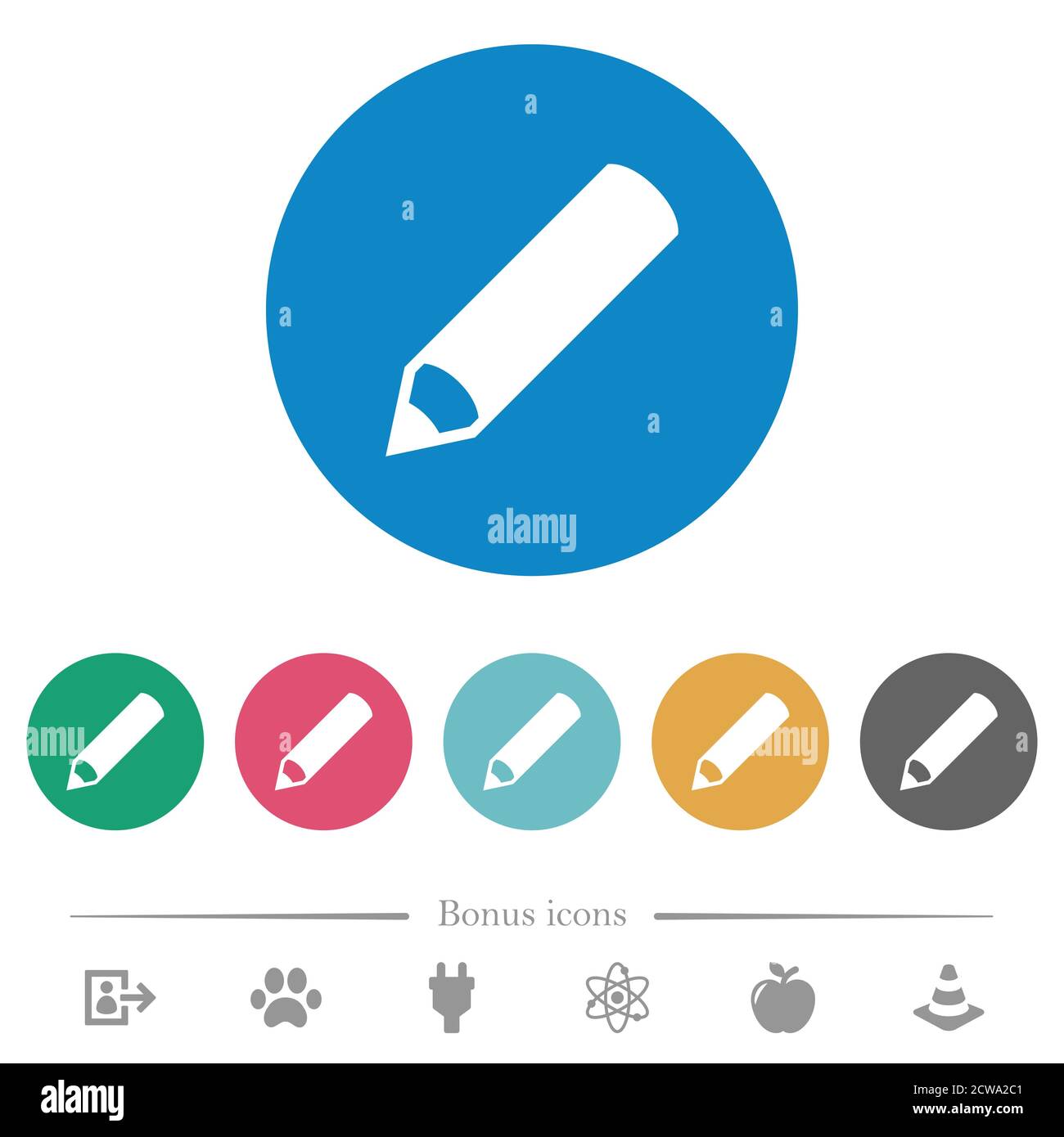 Pencil flat white icons on round color backgrounds. 6 bonus icons ...