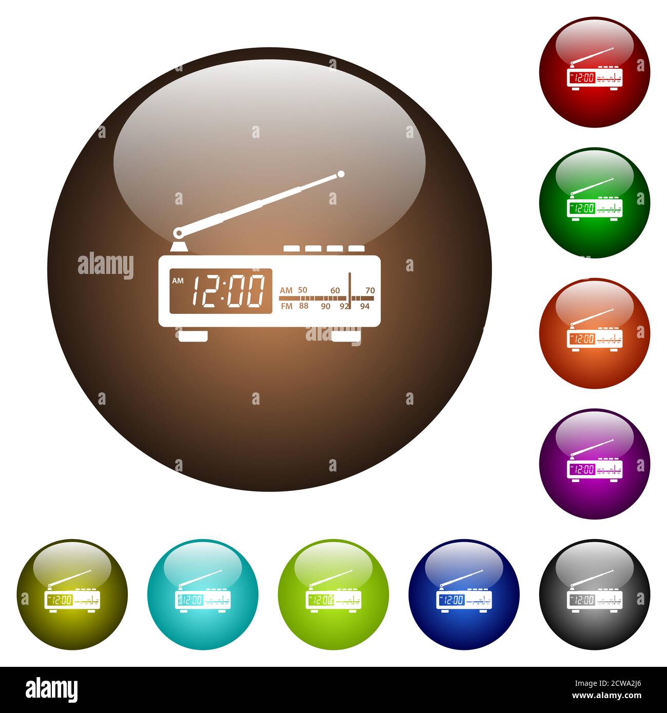 Vintage radio clock white icons on round glass buttons in multiple ...