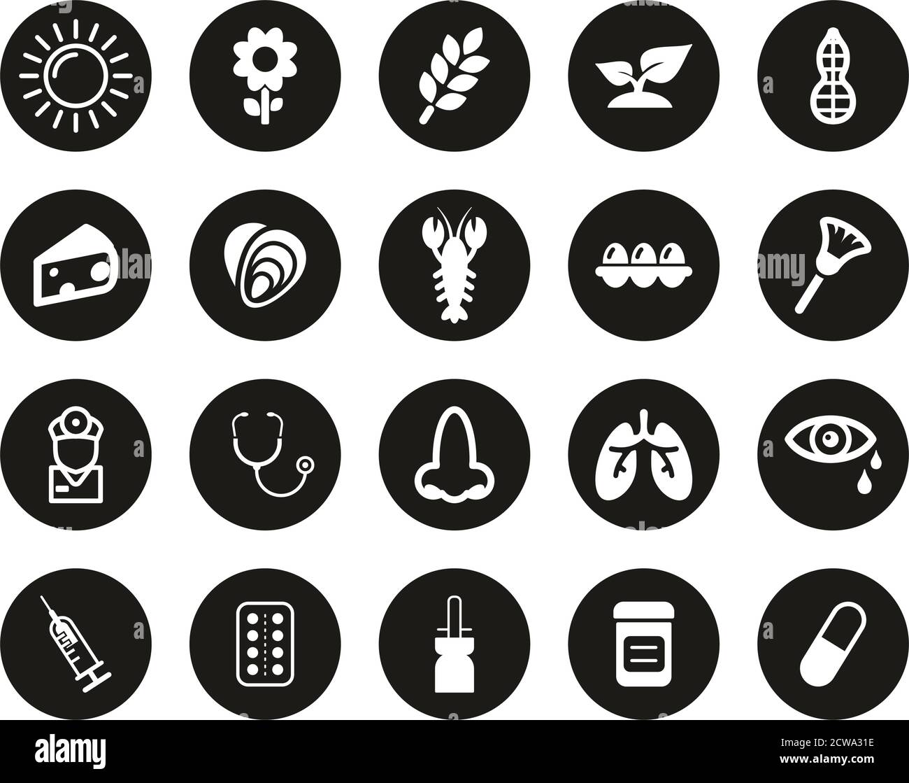 Allergy Or Hypersensitivity Icons White On Black Flat Design Circle Set ...