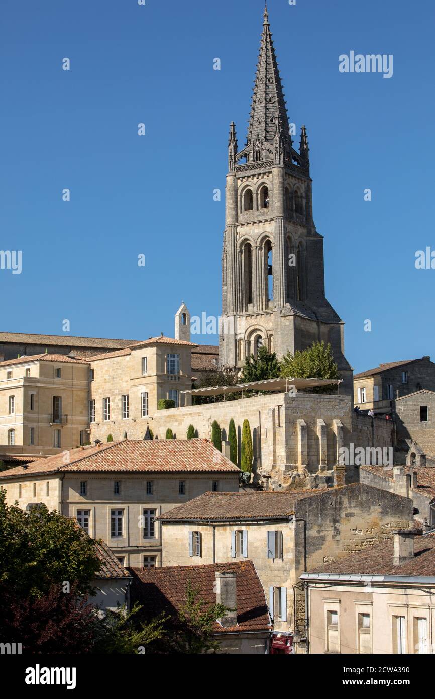 Bell tower of Monolithic Church in Saint Emilion. France. St Emilion is ...