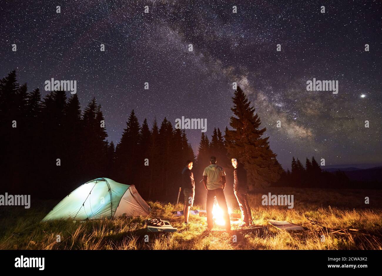 Night summer camping in forest. Bright campfire burning, three male ...