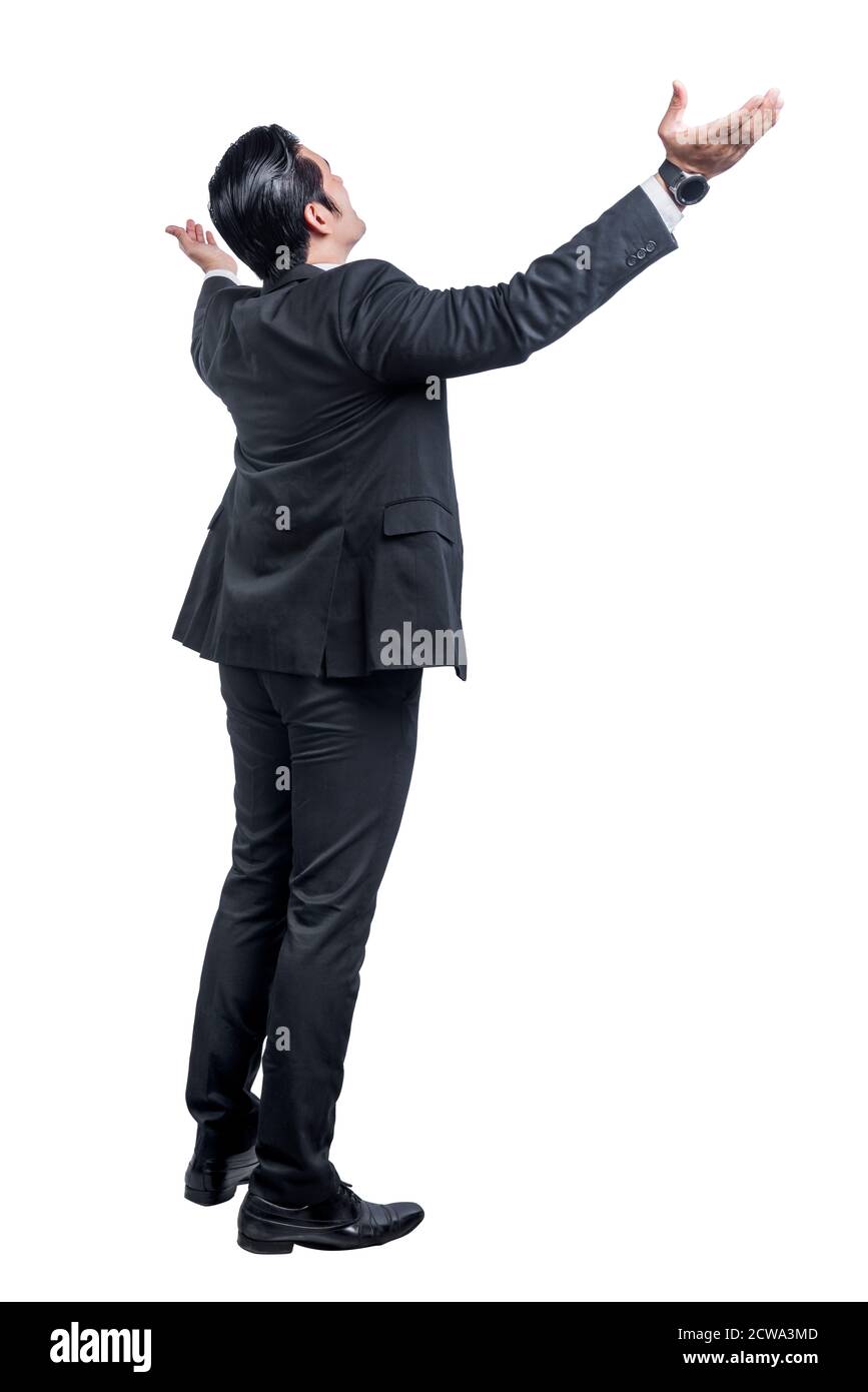 Rear view of Asian businessman showing empty hand isolated over white ... Rear view of Asian businessman showing empty hand isolated over white ...
