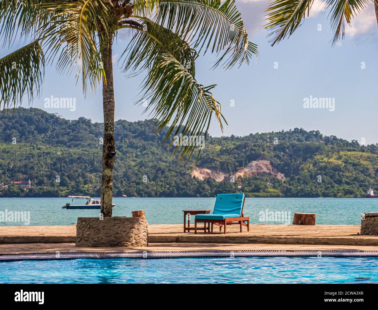 View with palm trees around luxury swimming pool during on the tropical ...