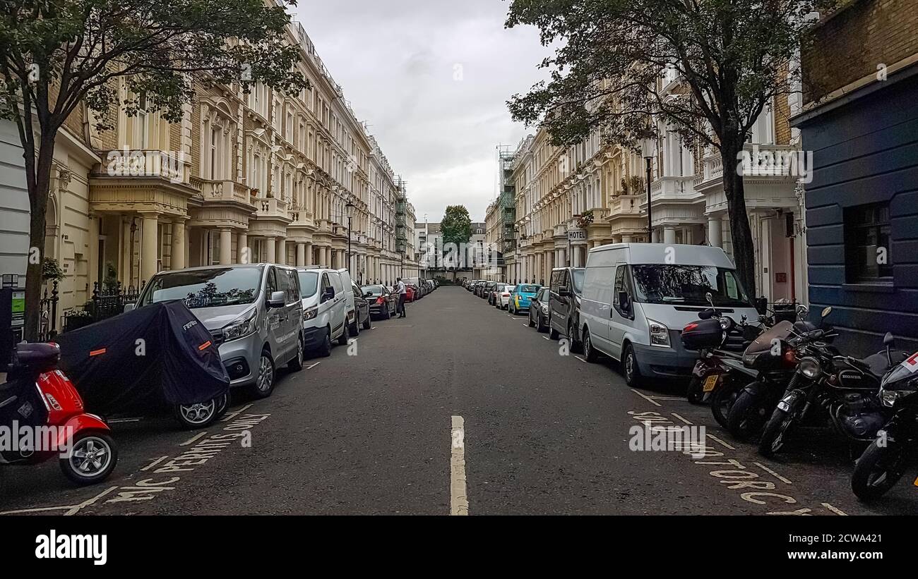 London, UK - July 8, 2020: View of a street in central London. Cars ...