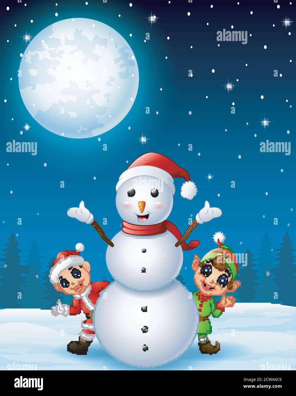 Christmas santa claus kid with cartoon elf and snowman in the winter ...