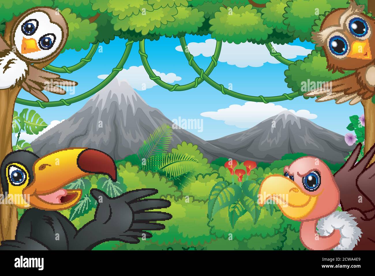 Vector illustration of Wild birds cartoon with a mountain in a forest ...