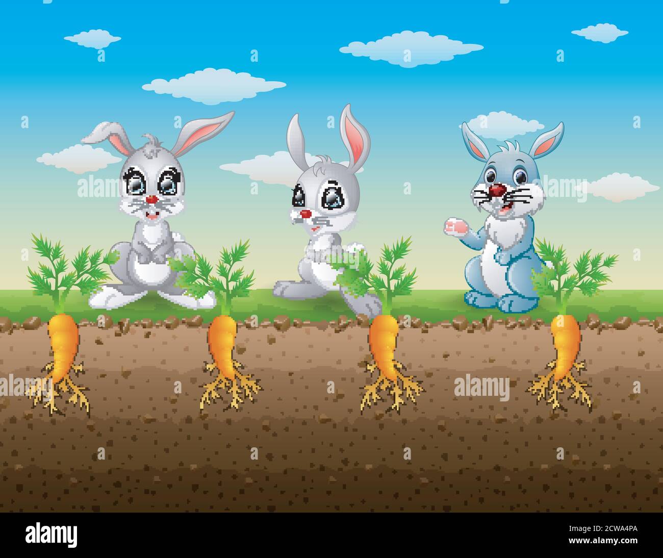 Vector illustration of Three rabbits cartoon in the carrot garden Stock ...