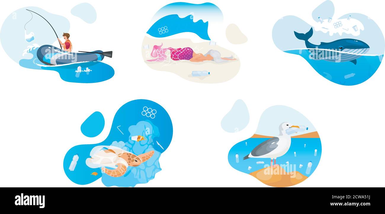Plastic pollution in ocean flat concept icons set Stock Vector Image ...