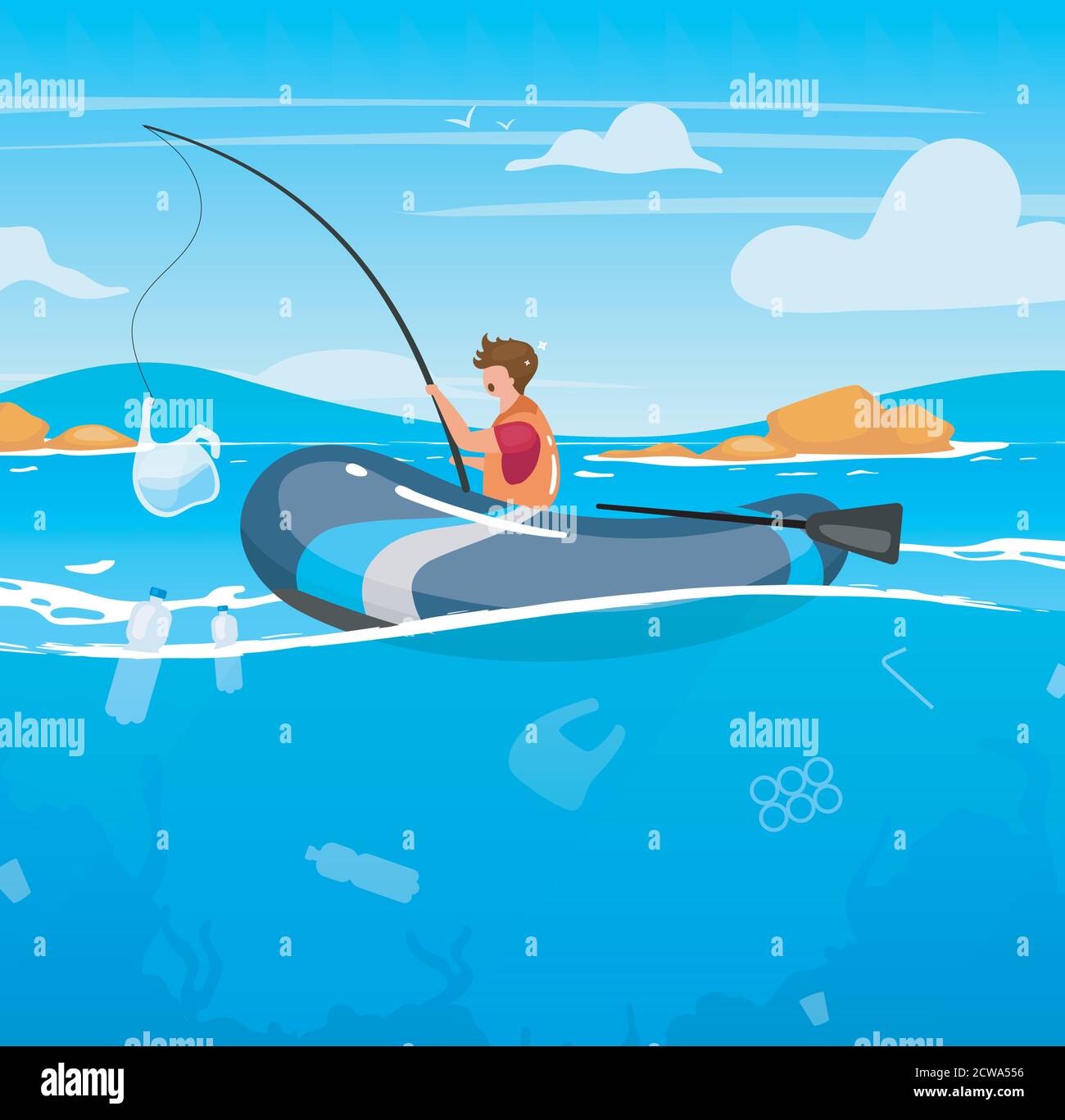 Person fishing in sea full of garbage flat vector illustration Stock ...