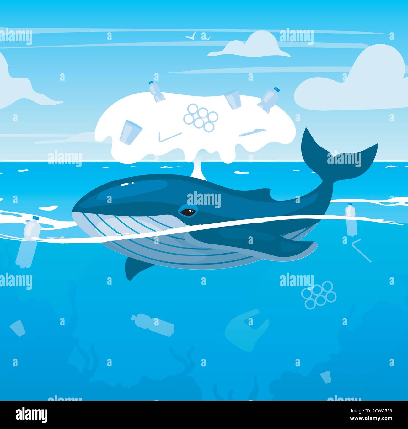 Whale in ocean with plastic waste flat vector illustration Stock Vector ...