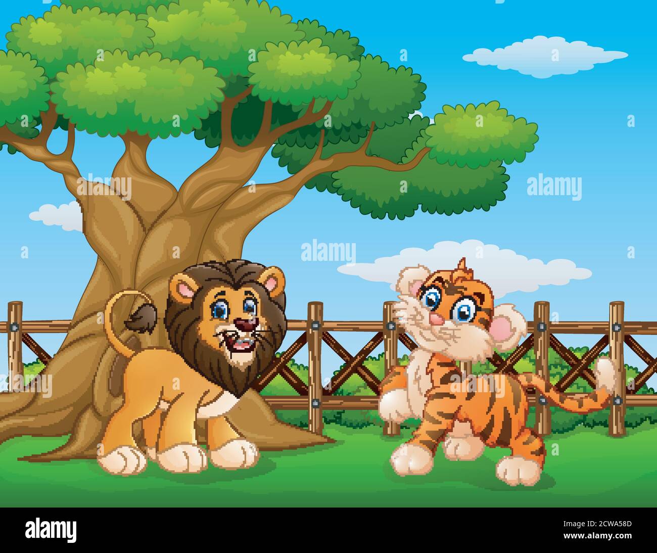 Vector illustration of Animals lion and tiger beside a tree inside the ...
