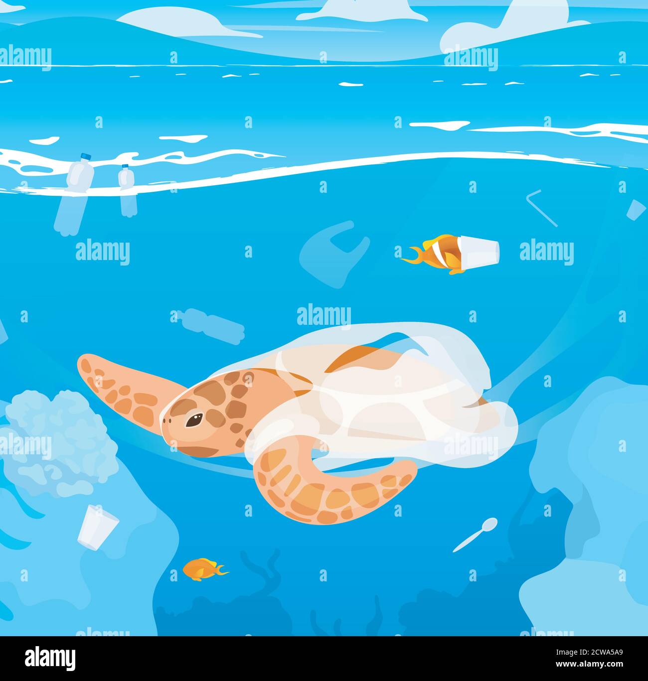 Turtle trapped in plastic garbage flat vector illustration Stock Vector ...