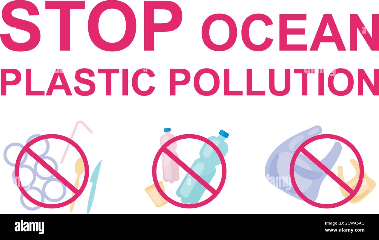Stop plastic pollution in ocean flat concept icons set Stock Vector ...