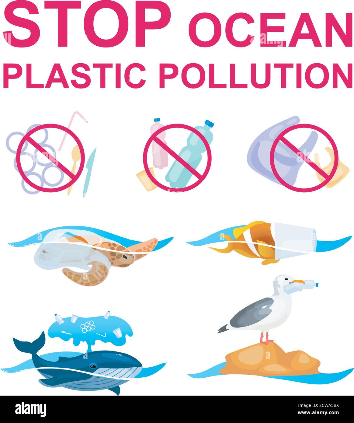 Stop plastic pollution in ocean flat concept icons set Stock Vector ...