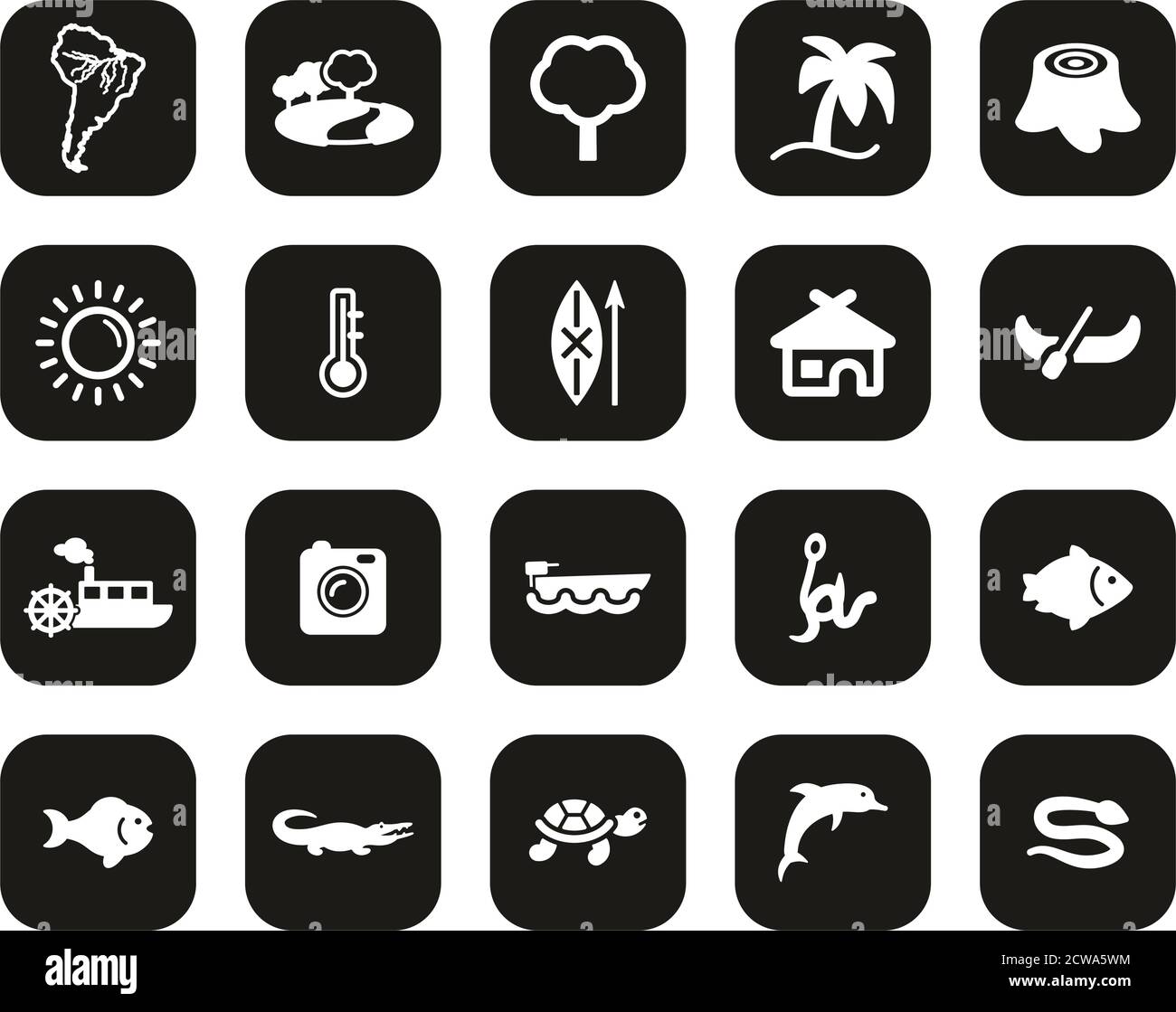 Amazon Rainforest Icons White On Black Flat Design Set Big Stock Vector ...