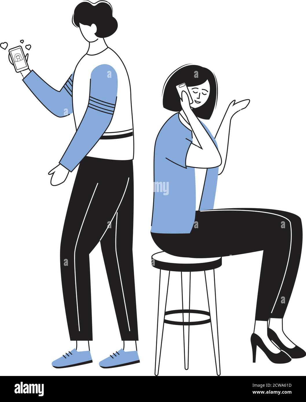 Trouble relationship blue and black contour flat vector illustration ...