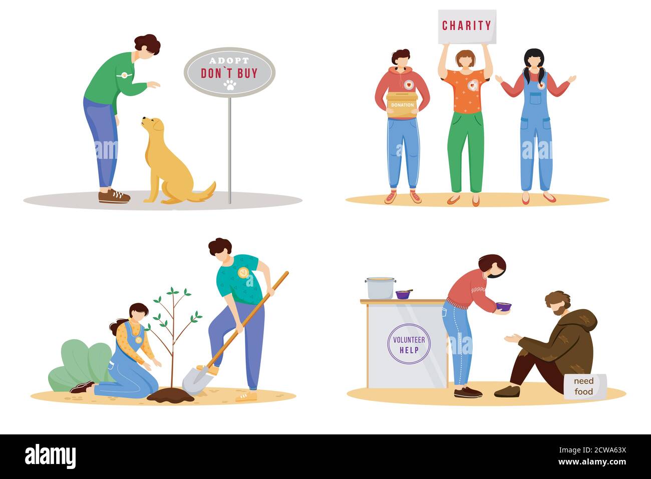 Voluntary activities flat vector illustrations set Stock Vector Image ...