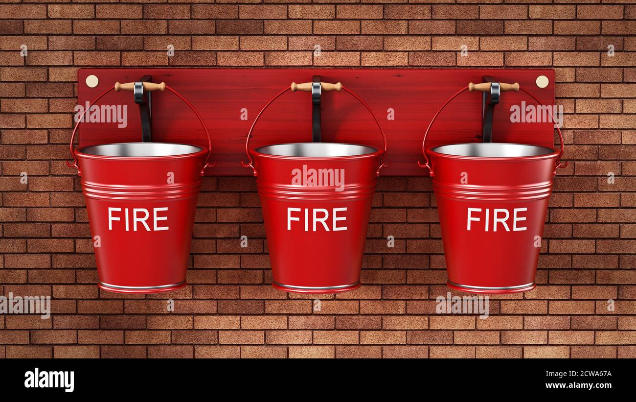 Vintage fire buckets hanging on the wall. 3D illustration Stock Photo ...