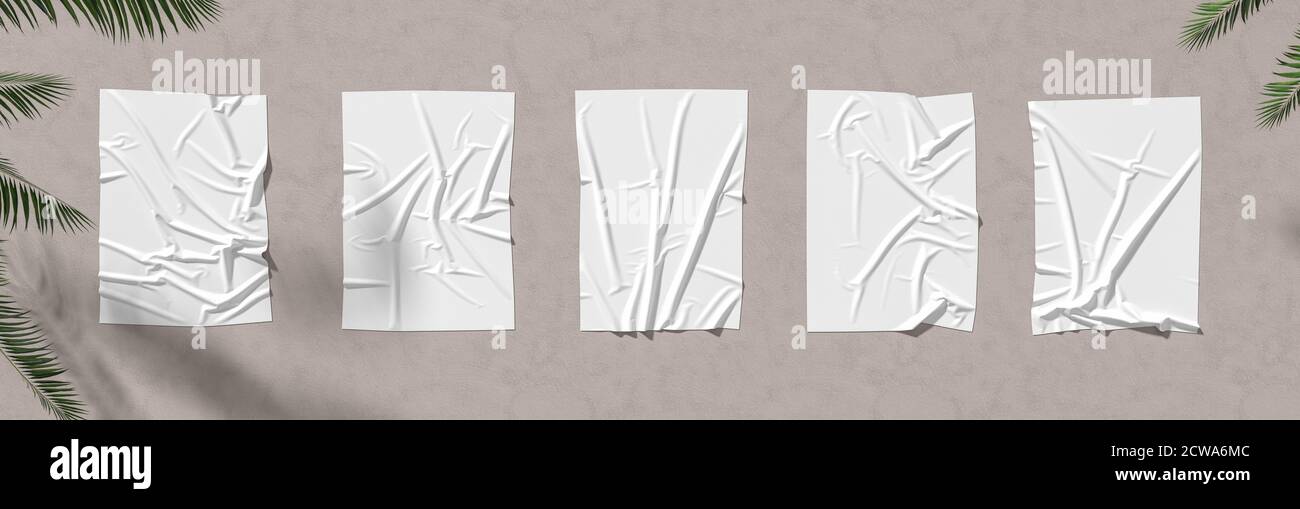 Wrinkled paper poster mock up. Paper poster mock up glued on wall. 3D ...