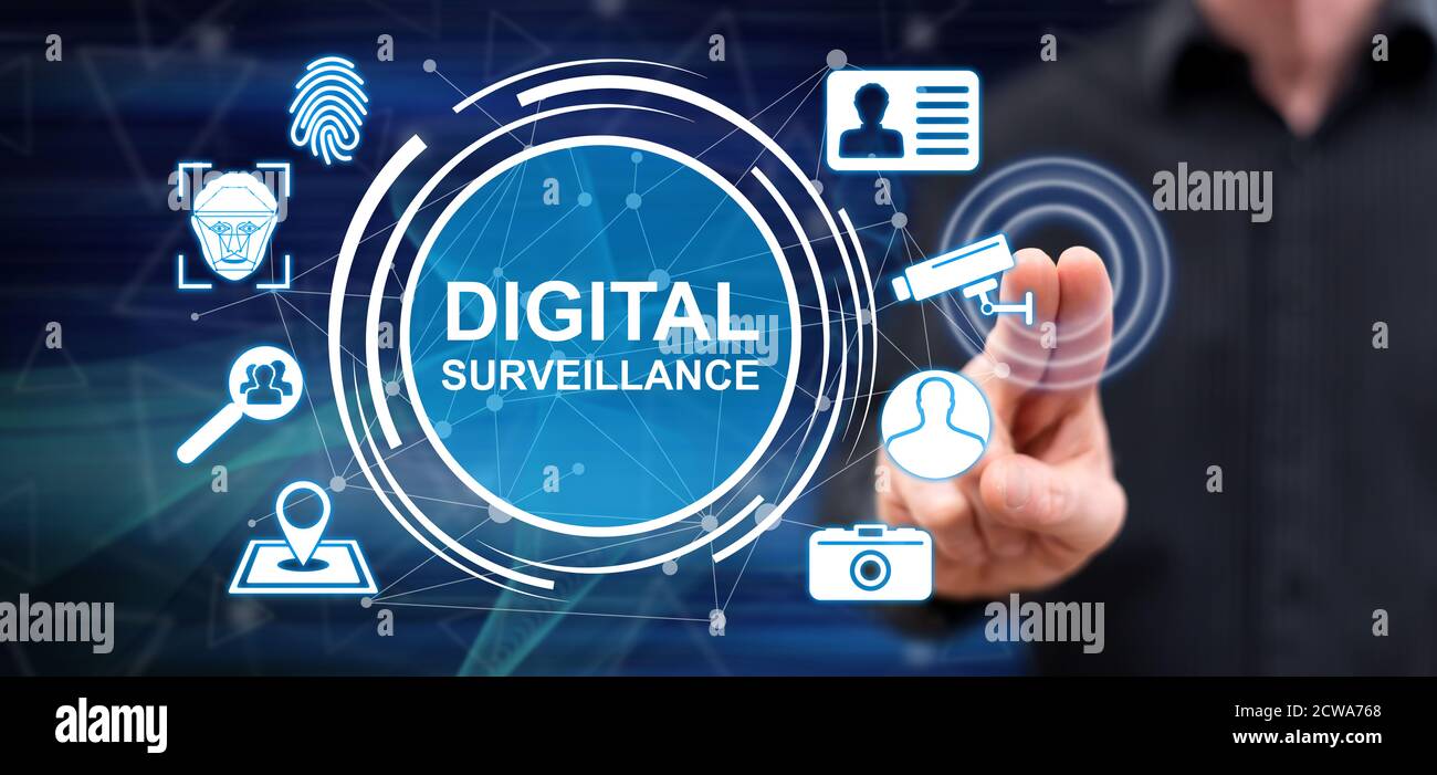 Man touching a digital surveillance concept on a touch screen with his ...