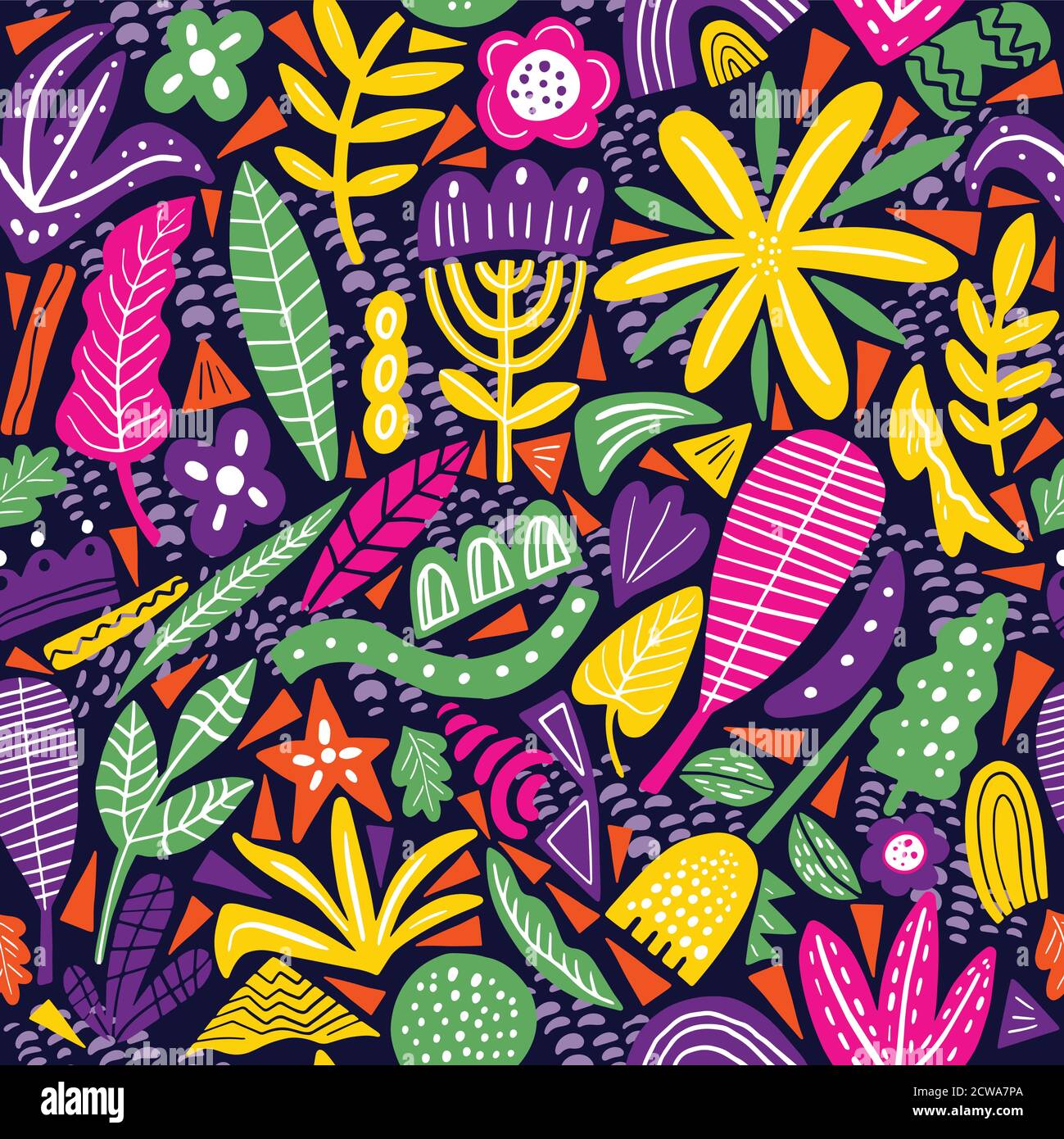Vector floral seamless pattern brifht neon colors. Flat flowers, petals ...