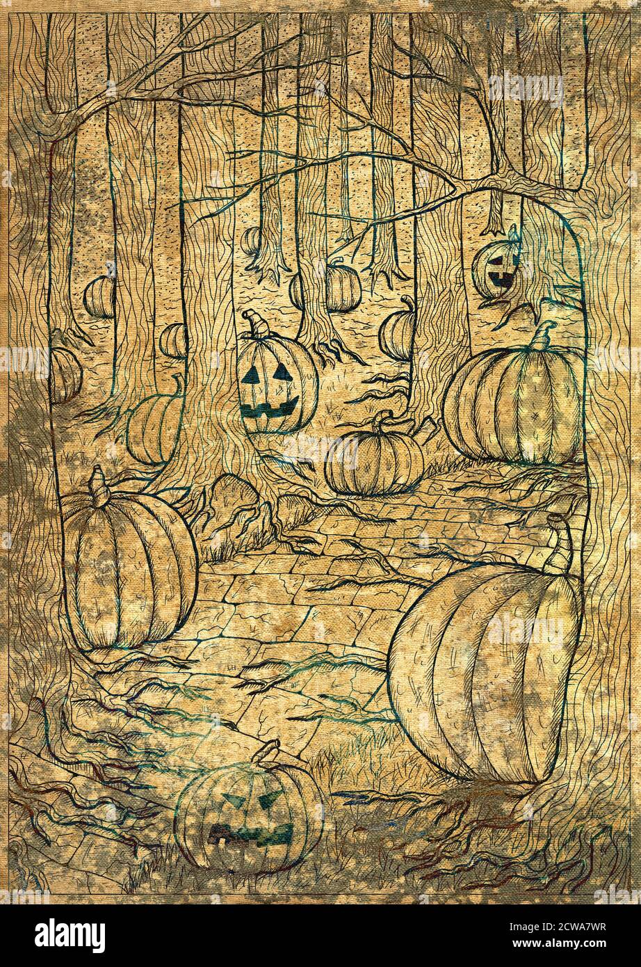 Hand drawn line art illustration with path or trailway, scary pumpkin ...