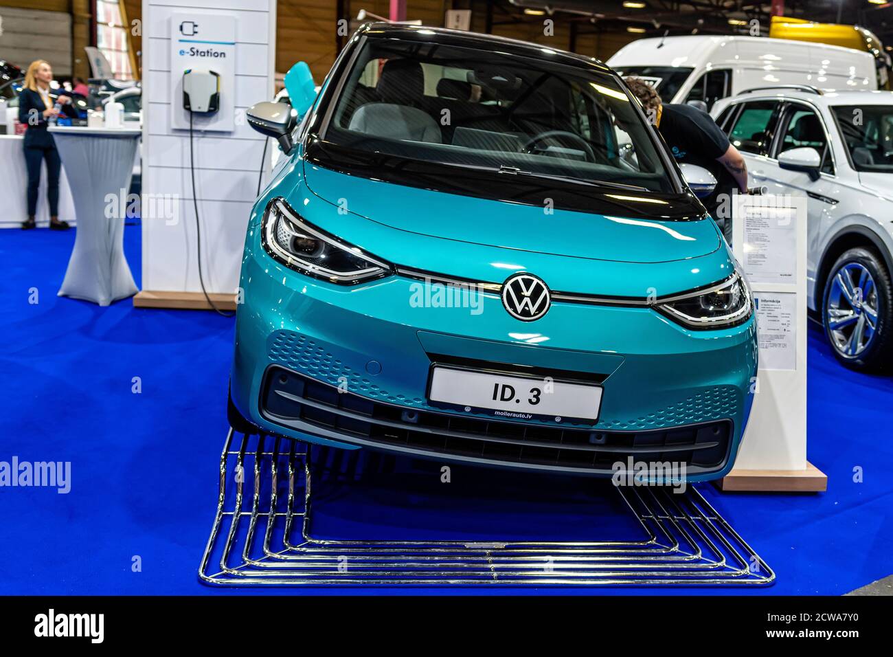 Riga, Latvia, Sep 25, 2020: Volkswagen ID.3 electric car premiere at a ...