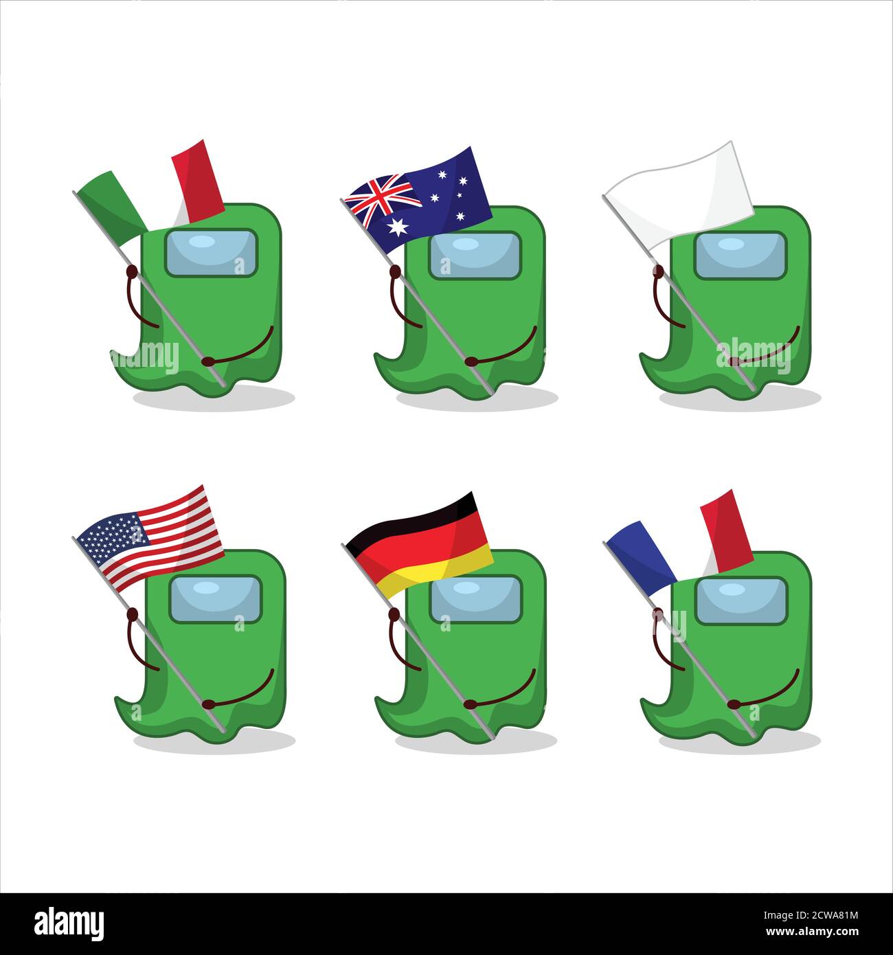 Ghost among us green cartoon character bring the flags of various ...