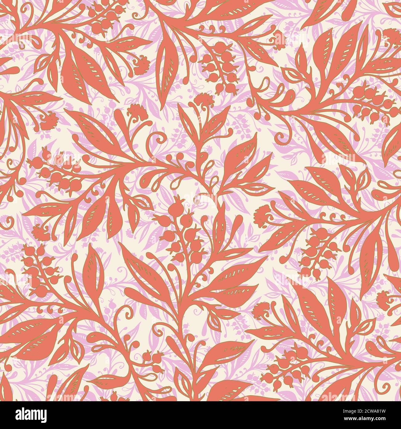 Floral seamless pattern with leaves and berries in coral, cream, pink ...