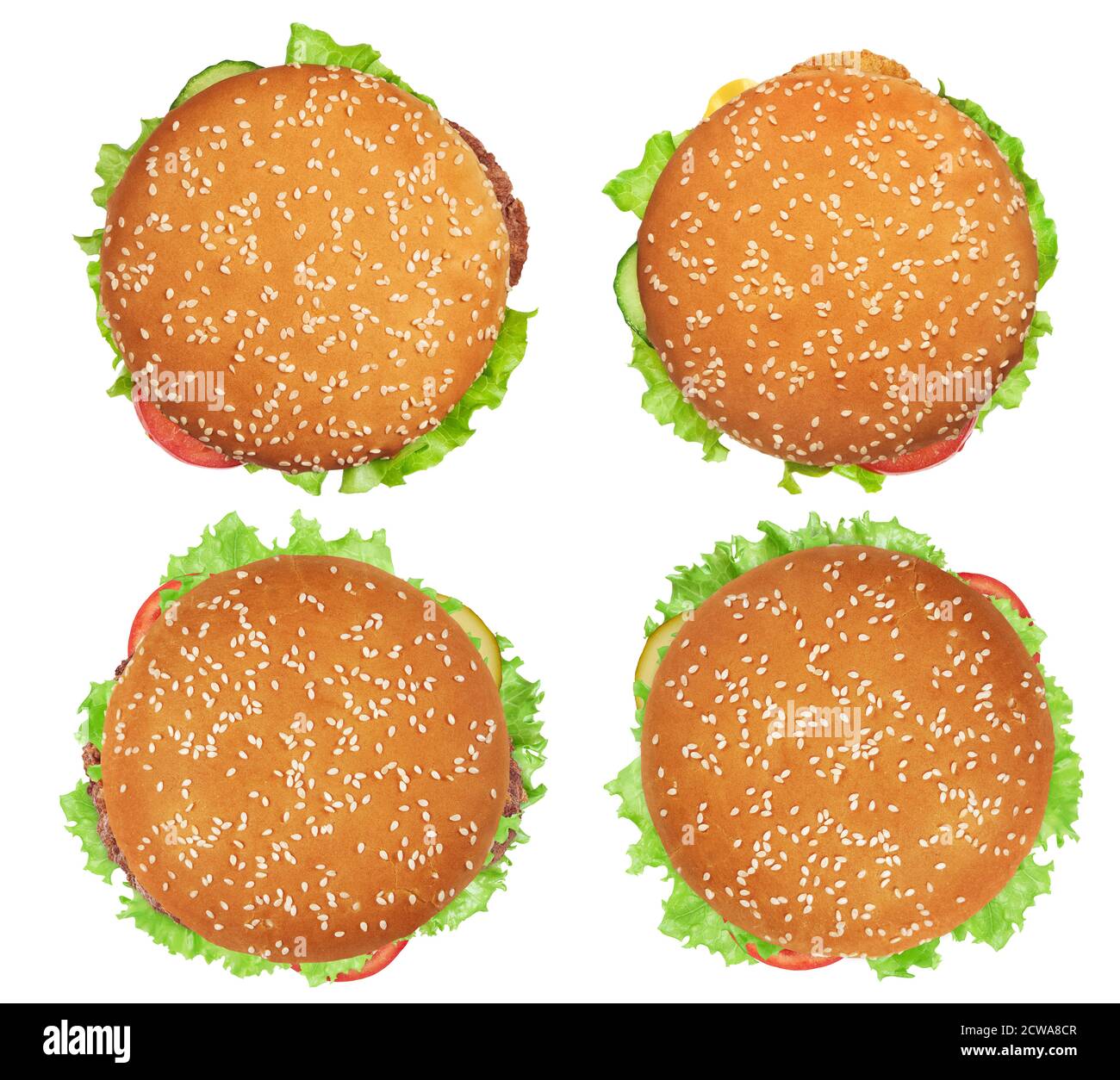 burger with vegetables and meat isolated on white background. Top view ...